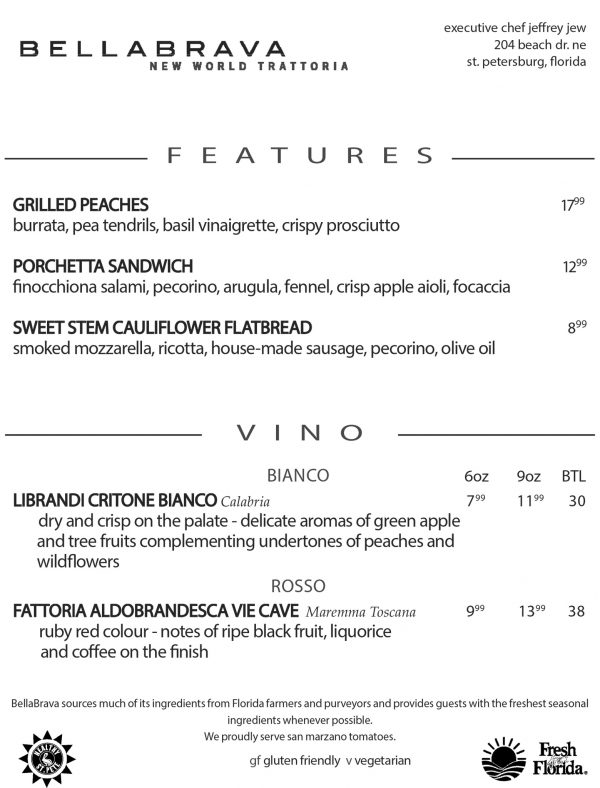BellaBrava Features Menu Review Downtown St Petersburg FL October 2018