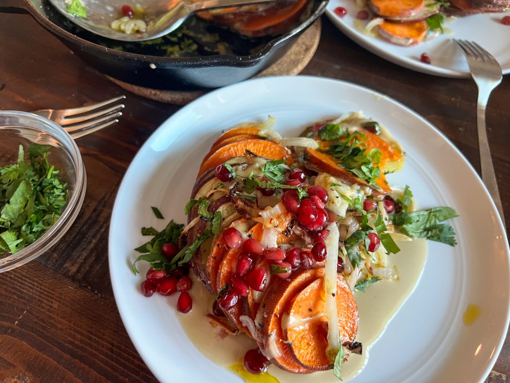 Sweet Potato Tian with Maple-Tahini Drizzle Recipe